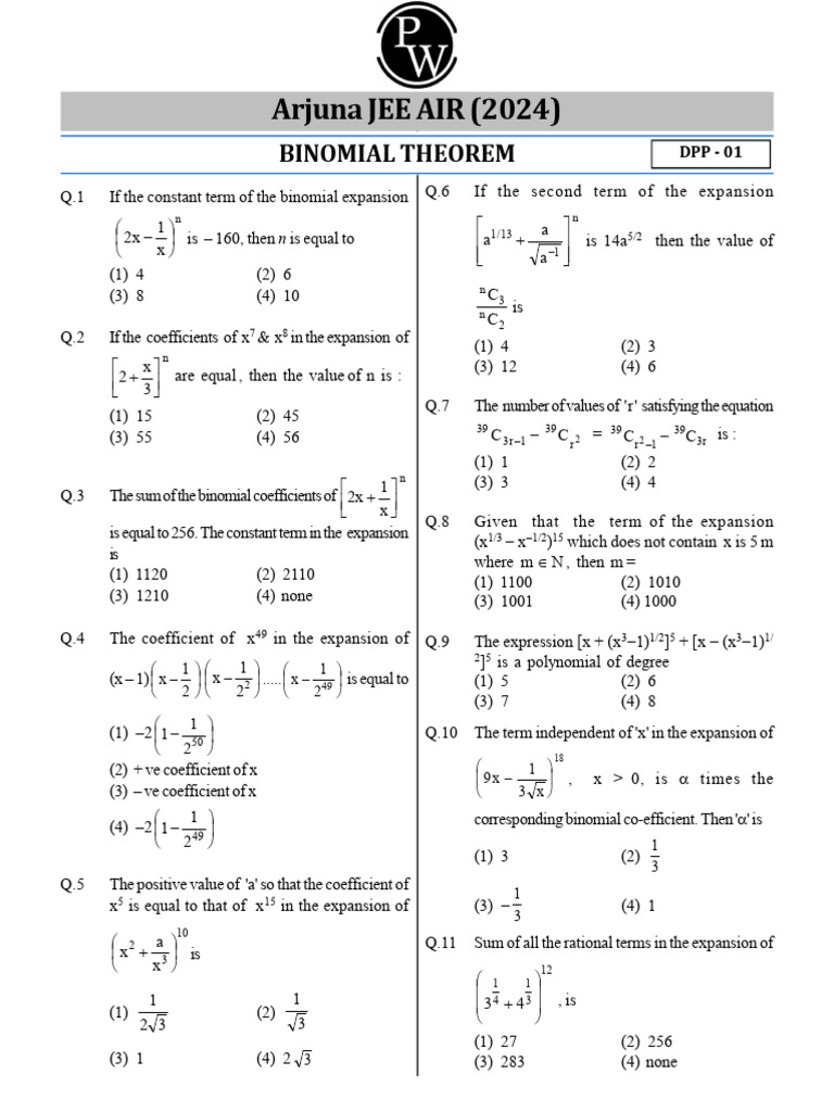 Binomial Theorem DPP 01 Arjuna JEE AIR 2024 Maths | Download Free PDF | Algorithms ...