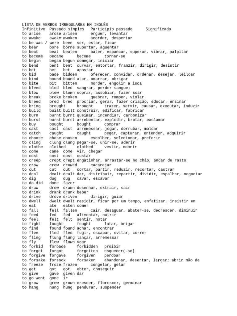 Verbos Irregulares em Inglês | PDF