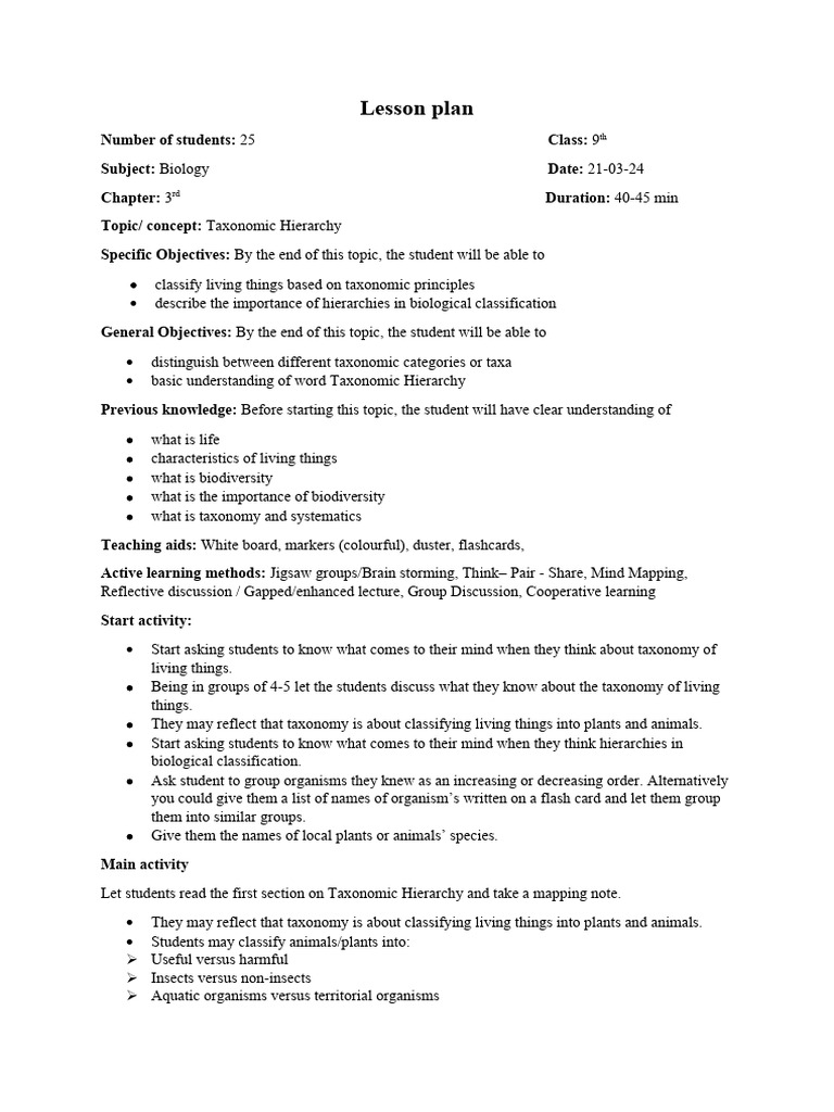 Lesson Plan | PDF | Taxonomy (Biology) | Hierarchy