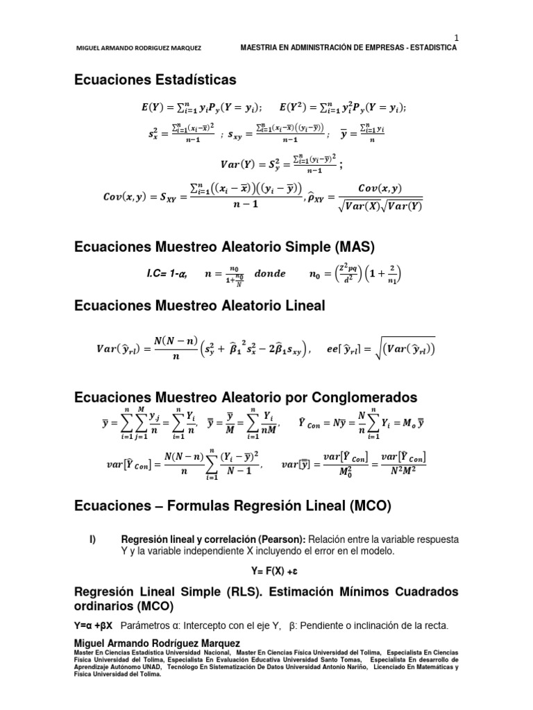 Ecuaciones Formulas | PDF | Mínimos cuadrados ordinarios | Regresión lineal