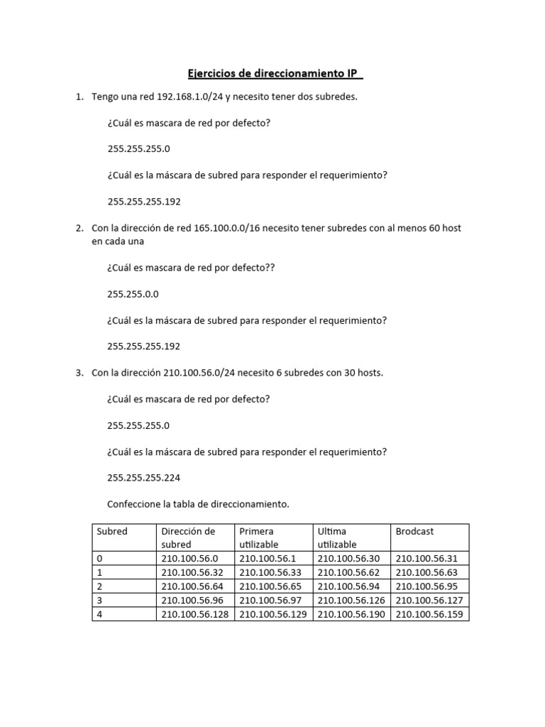 Ejercicios de Direccionamiento IP | PDF | Dirección IP | Internet