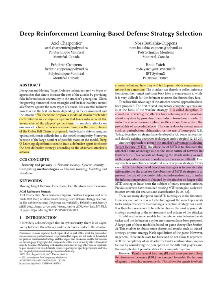Deep Reinforcement Learning-Based Defense Strategy Selection | Download Free PDF | Game Theory