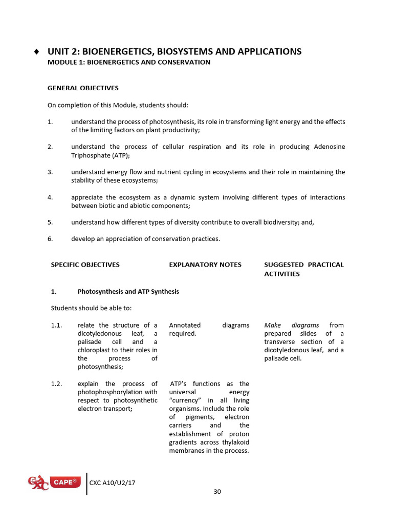 CAPE Biology Unit 2 Syllabus Overview | PDF | Cellular Respiration ...