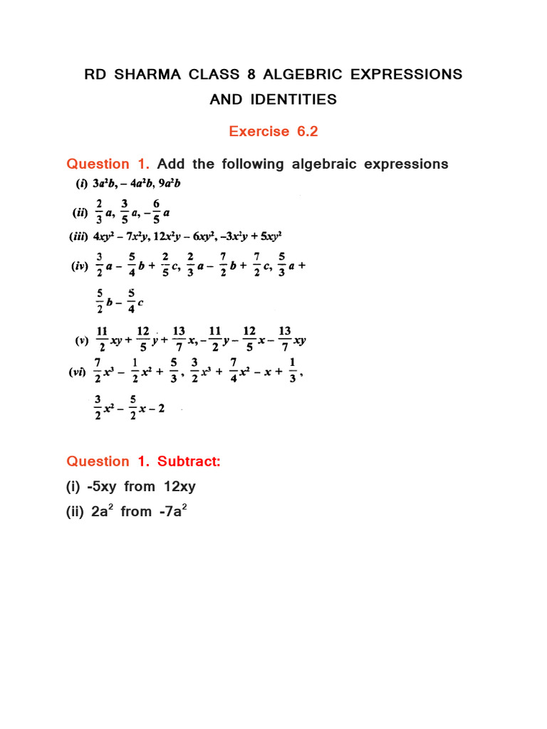 Class 8 Algebraic Expressions Exercises | PDF