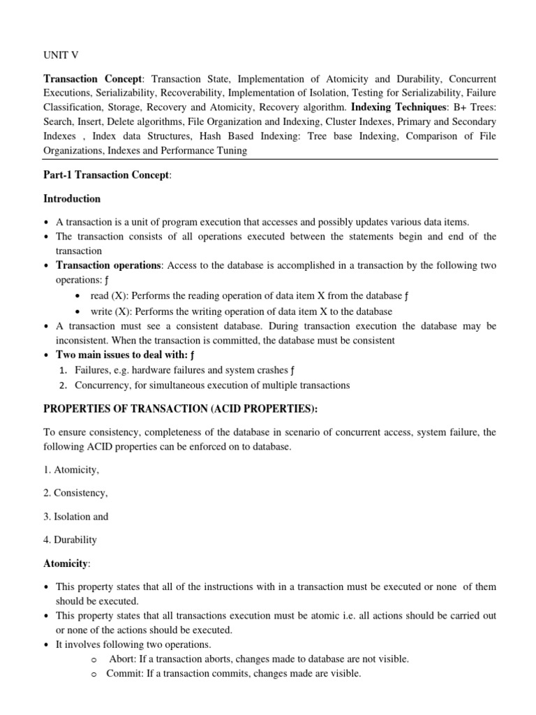 UNIT V Transaction and Indexing | PDF | Database Index | Database Transaction