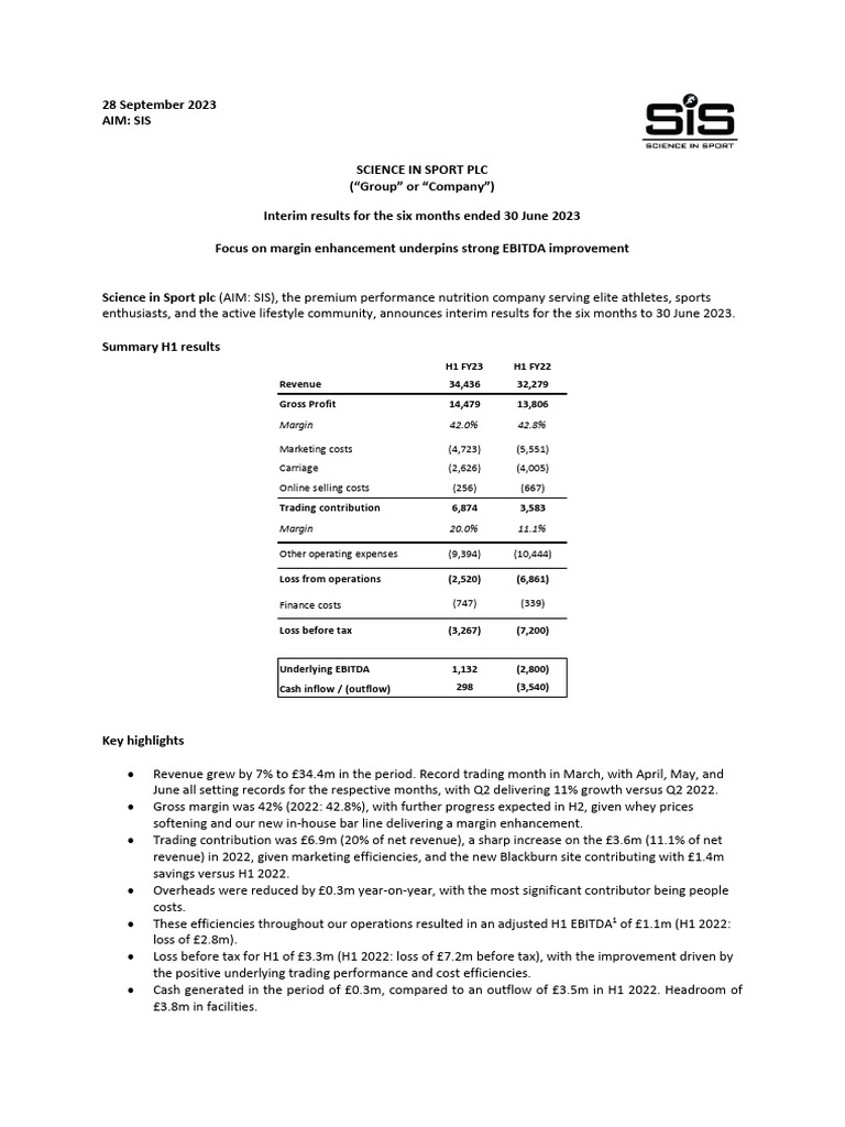 Science in Sport H1 2023 Interim Results | PDF | Expense | Equity (Finance)