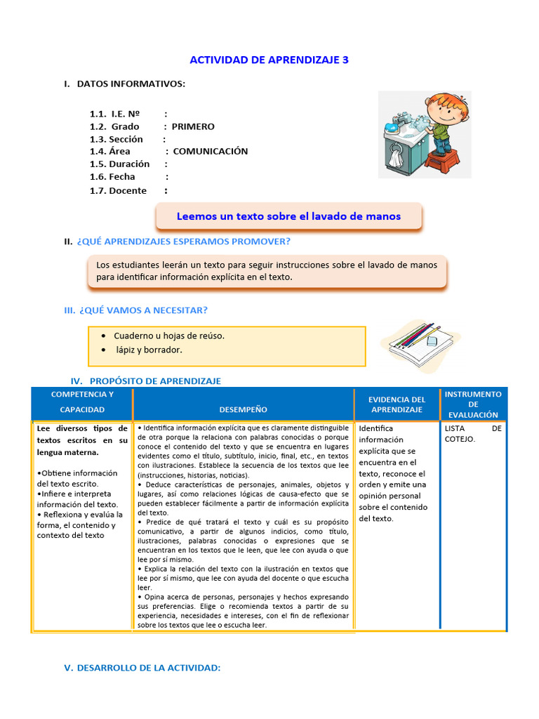 E1 A3 SESION COM Leemos Un Texto Sobre El Lavado de Manos | PDF | Evaluación | Cognición