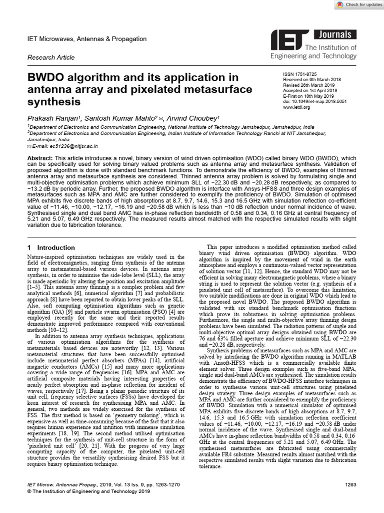 IET Microwaves Antenna Prop - 2019 - Ranjan - BWDO Algorithm and Its ...