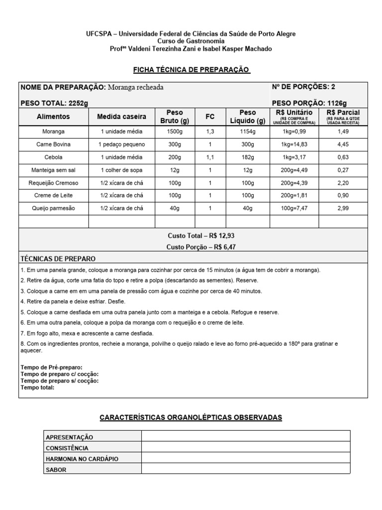 Ficha Tecnica de Preparo - Principal | Download grátis PDF | Alimentos | Culináriar