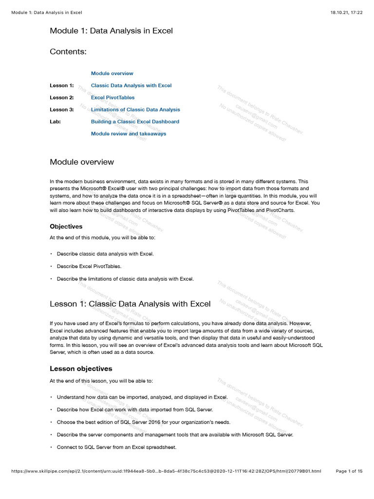Module 1 Data Analysis In Excel Pdf Microsoft Excel Databases