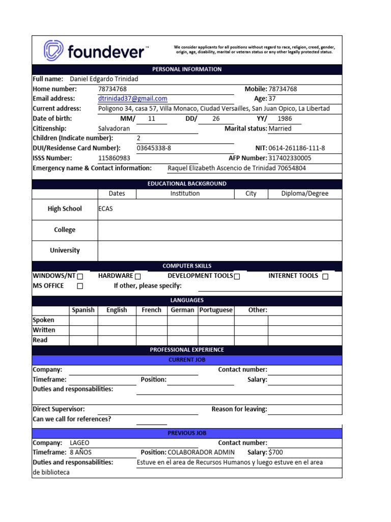 Foundever Application Form | PDF | Employment