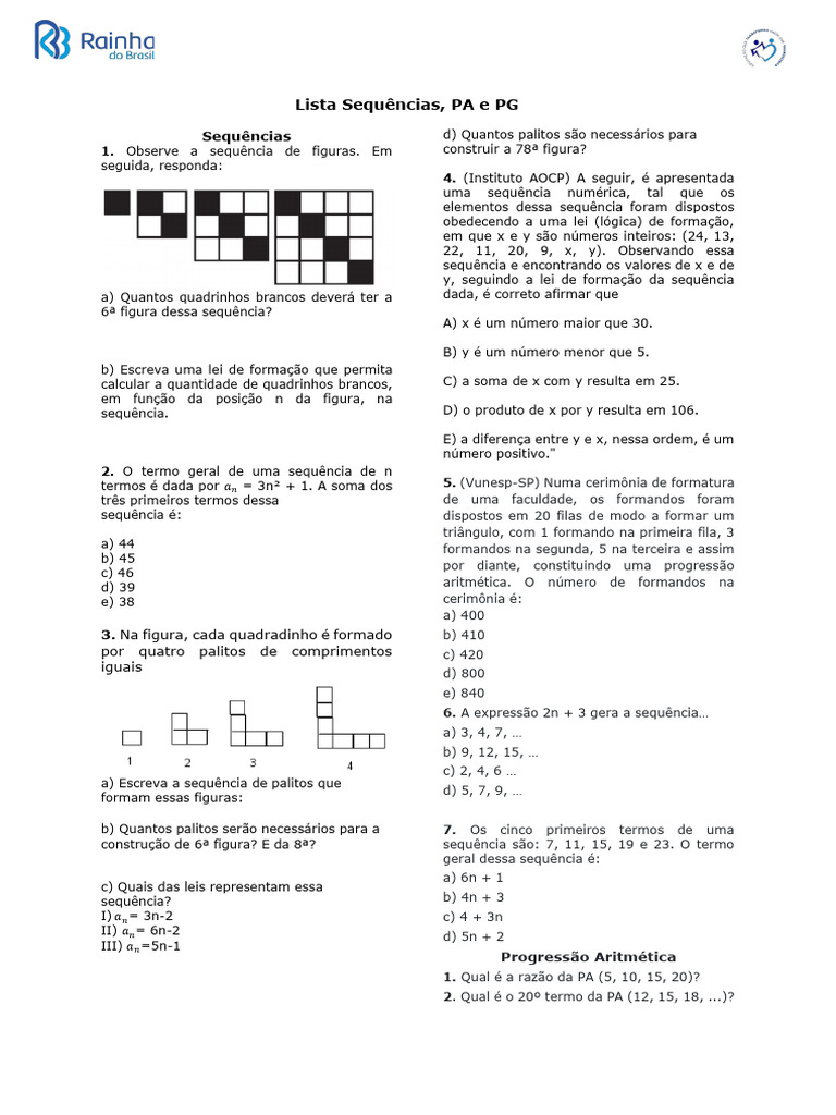 Lista de Exercícos Sequências, PA e PG | Download grátis PDF | Sequência | Triângulo
