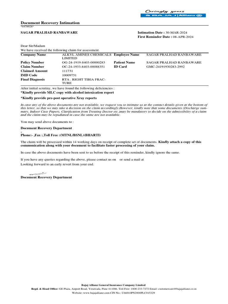 Document Recovery Intimation | PDF