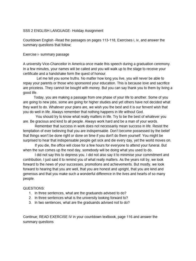 SS2 English Language 2nd Term Holiday Assignment | PDF