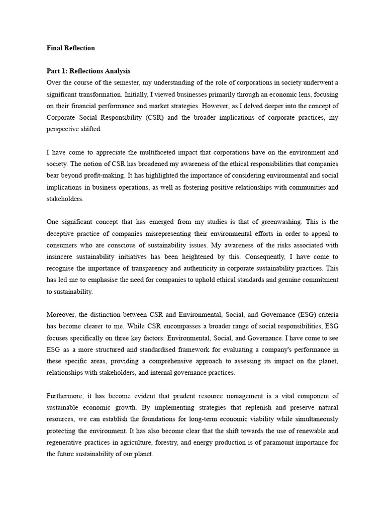 FINAL REFLECTION Diego Deprit | PDF | Corporate Social Responsibility ...