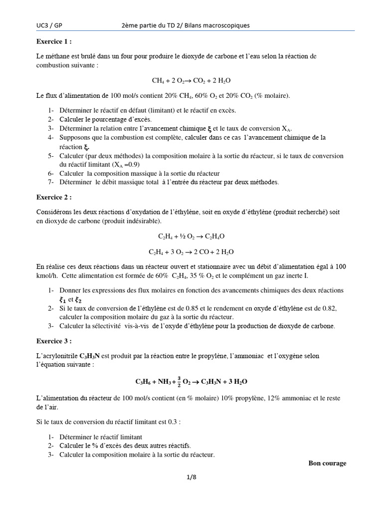 TD2 Partie 2 Bilans 2022-2023 Avec Solution | PDF | Méthane | Dioxyde de carbone