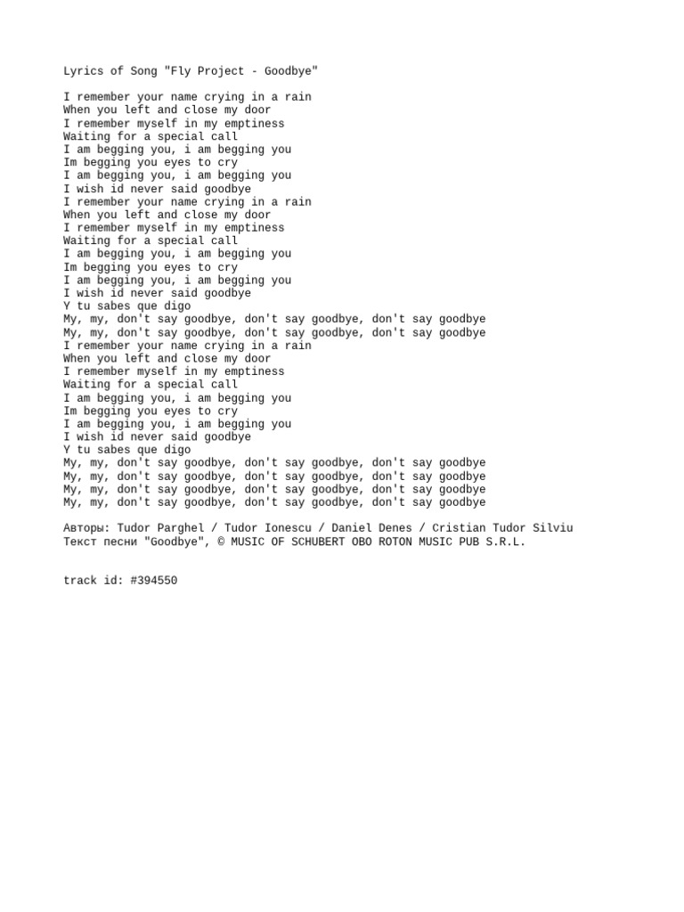 Fly Project - Goodbye Lyrics | PDF