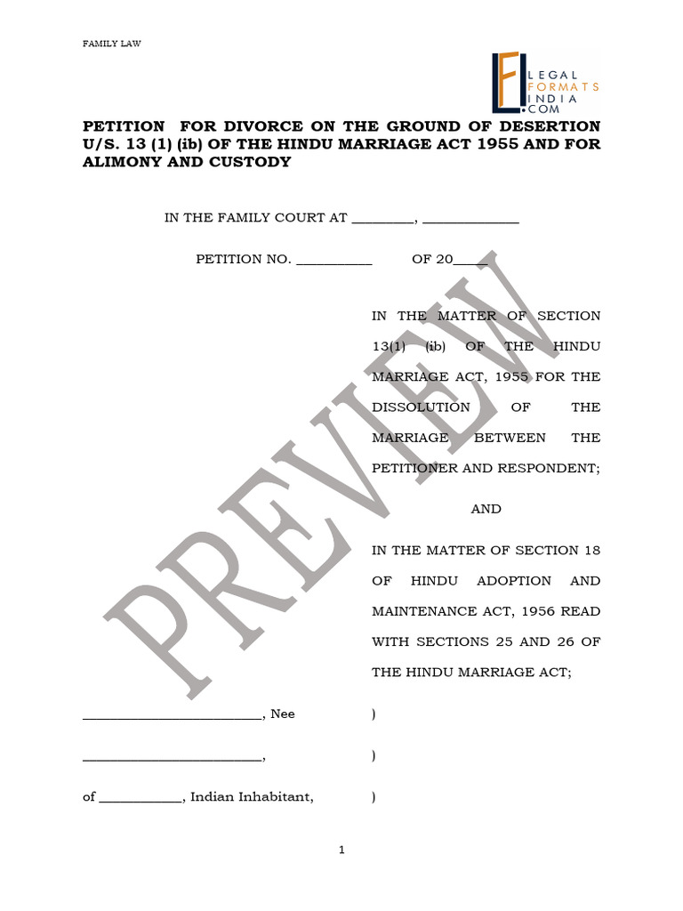 Divorce Petition for Desertion Under Act | PDF | Feminism And The ...