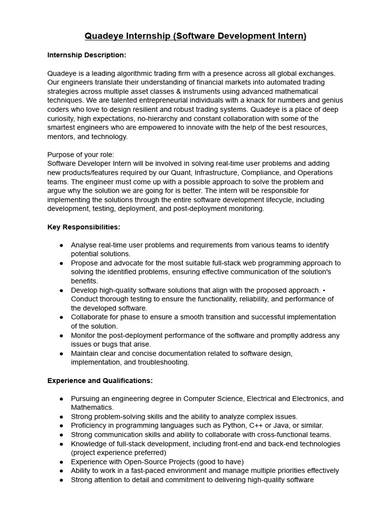 Quadeye Internship Software Development Intern | PDF | Software ...