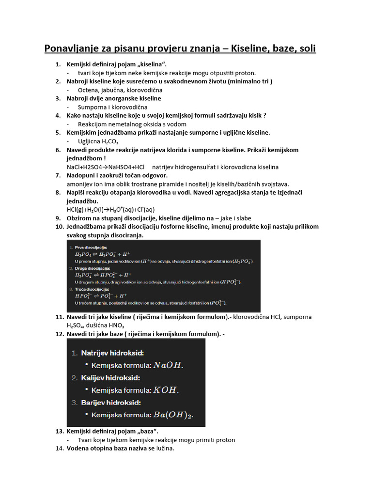 Ponavljanje Za Pisanu Provjeru Znanja - Kiseline, Baze, Soli | PDF