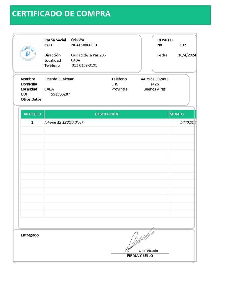 Planilla de Excel para Confeccion de Remito | PDF