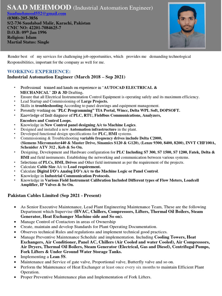 CV Saad Mehmood | PDF | Programmable Logic Controller | Automation
