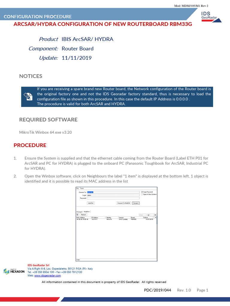 PDC - 2019 - 044 - 10 - INS - ArcSAR - HYDRA - Configuration of New Routerboard RBM33G | PDF ...