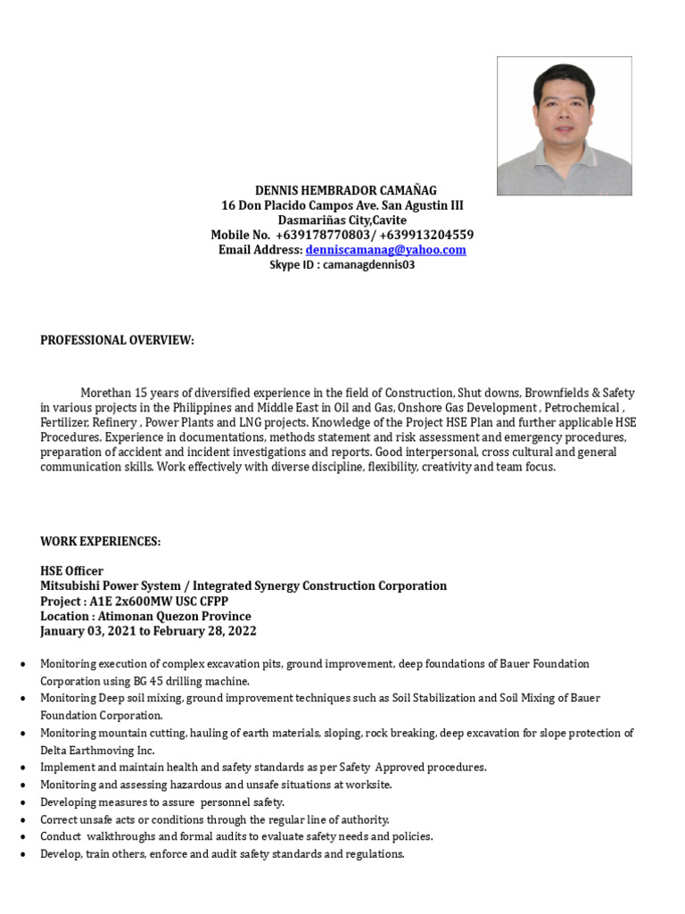 CV - Dennis Hembrador Camanag 2 (1-2 | PDF | Safety | Personal Protective Equipment