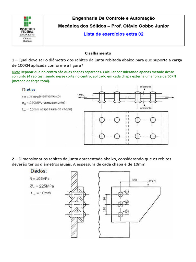 Lista Extra 02 - Cisalhamento | PDF