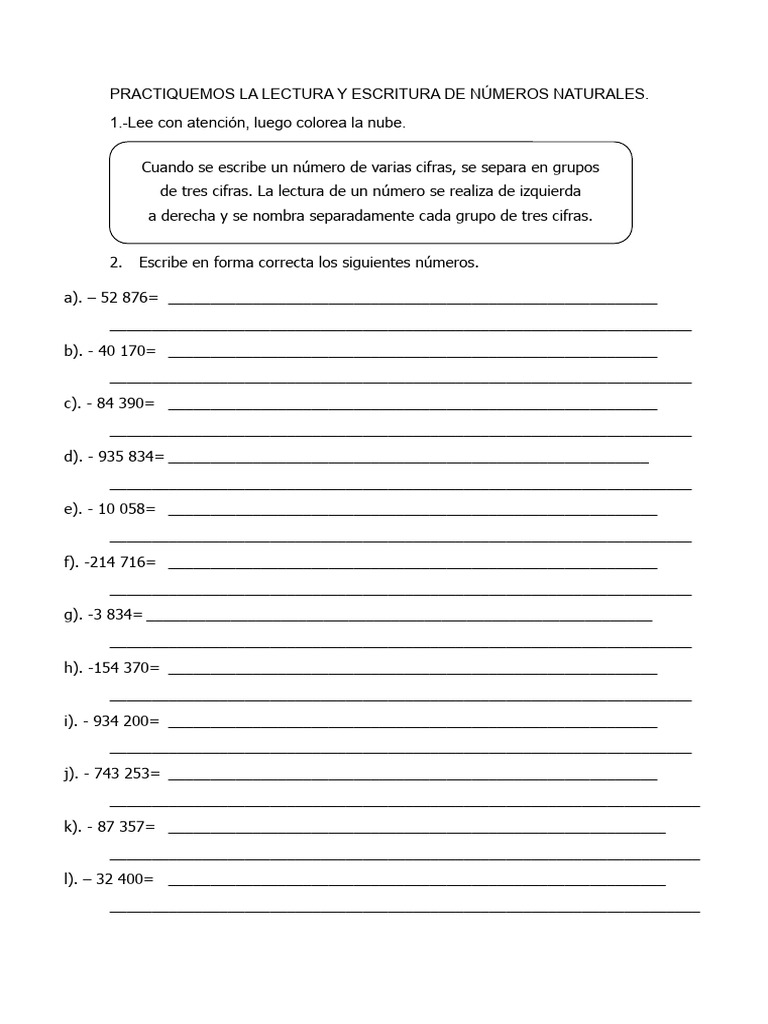 Practiquemos La Lectura y Escritura de Números Naturales | PDF ...