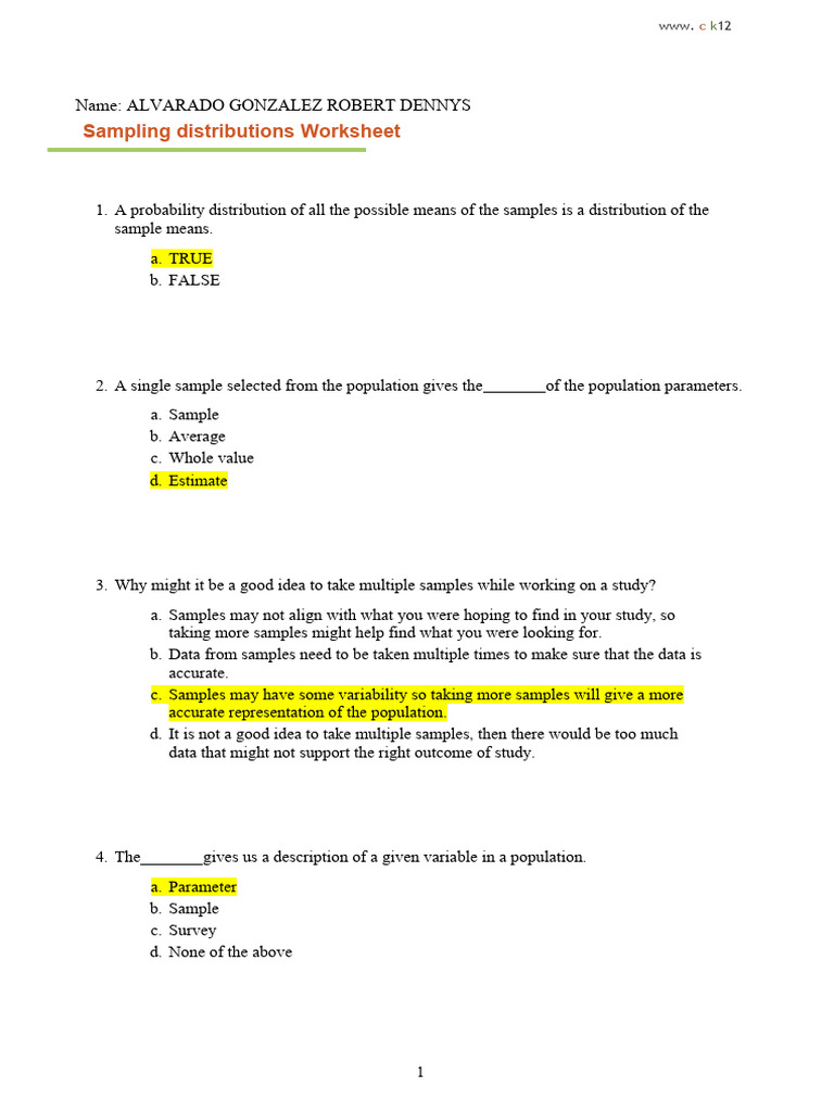 Workbook Sampling Distributions Practice | PDF | Sampling (Statistics) | Normal Distribution