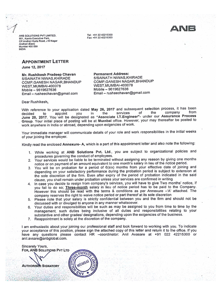 ANB Solution PVT LTD Appointment Letter | PDF
