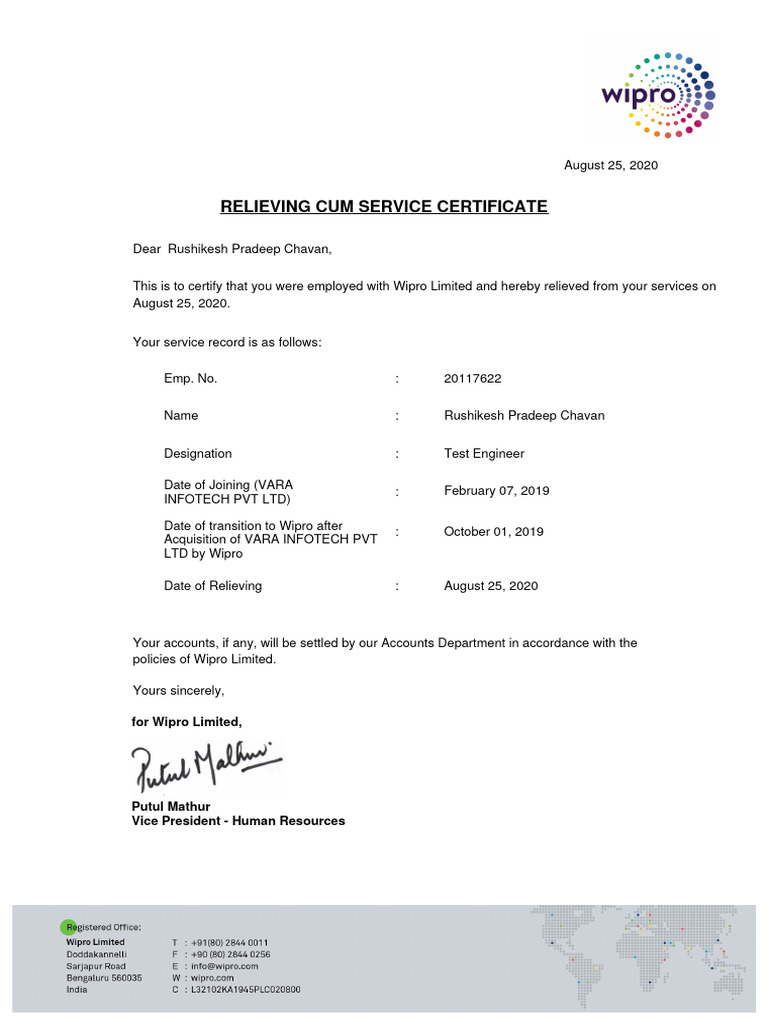 WIPRO Relieving Letter | PDF | Business | Technology & Engineering