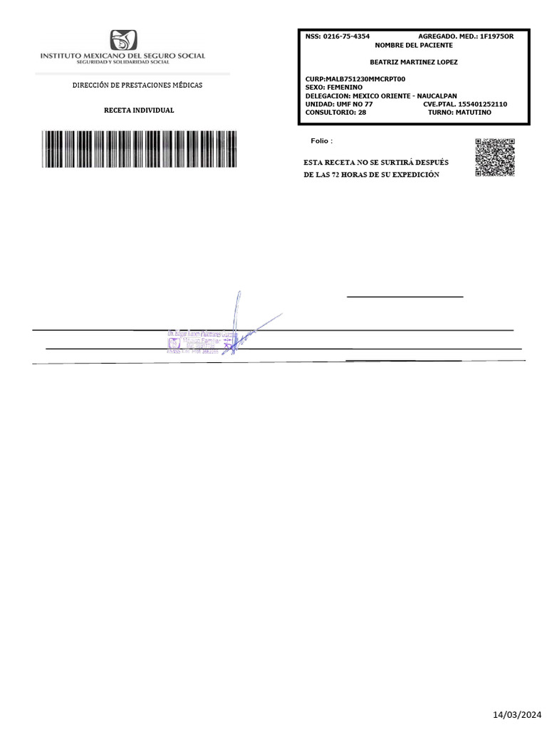 Copia de Receta Con QR y Sello Imss 3 | PDF