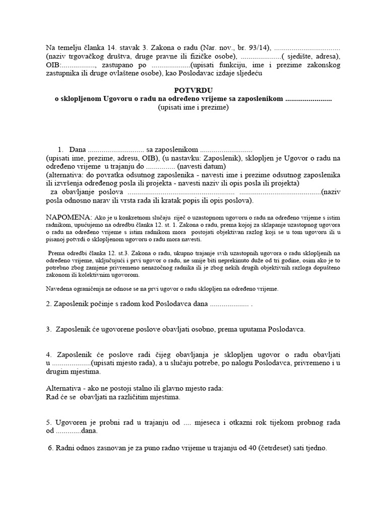 005 Potvrda o Sklopljenom Ugovoru o Radu Na Odredjeno Vrijeme | PDF