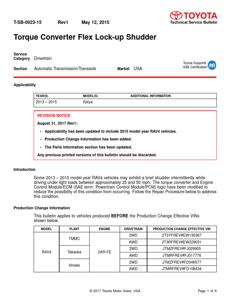 Torque Converter Flex Lock-Up Shudder Toyota Rav4 2013 - 2015 RAV4 ...