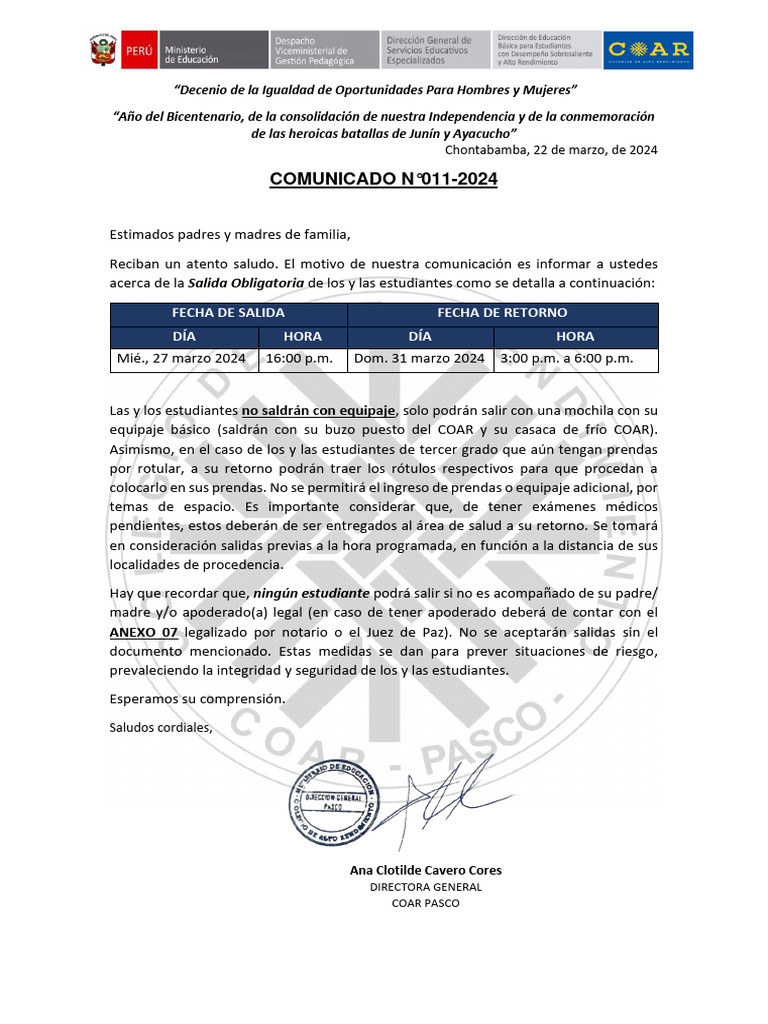 COMUNICADO N°011-2024 - Salida Obligatoria Estudiantil | PDF