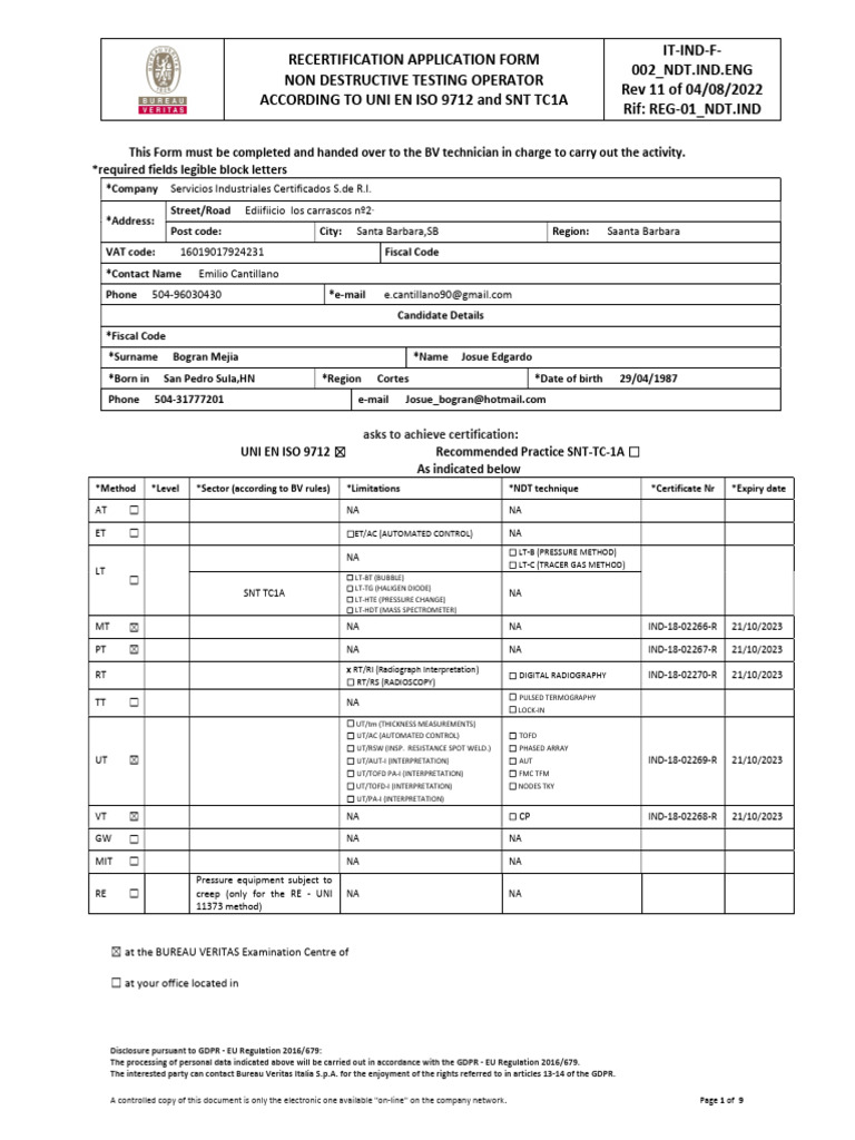 Recertification Application Form ISO 9712+SNT TC1A Josue Bogran ...