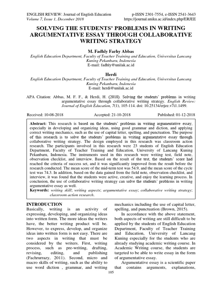 Abbas & Herdi (2018) - Solving The Students' Problems in Writing Argumentative Essay Through ...