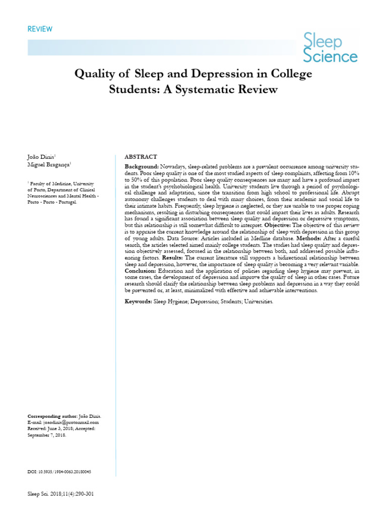 Quality of Sleep and Depression in College 2021 | PDF | Major ...