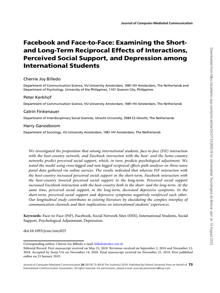 Social Support and Depression in International Students | PDF | Social ...