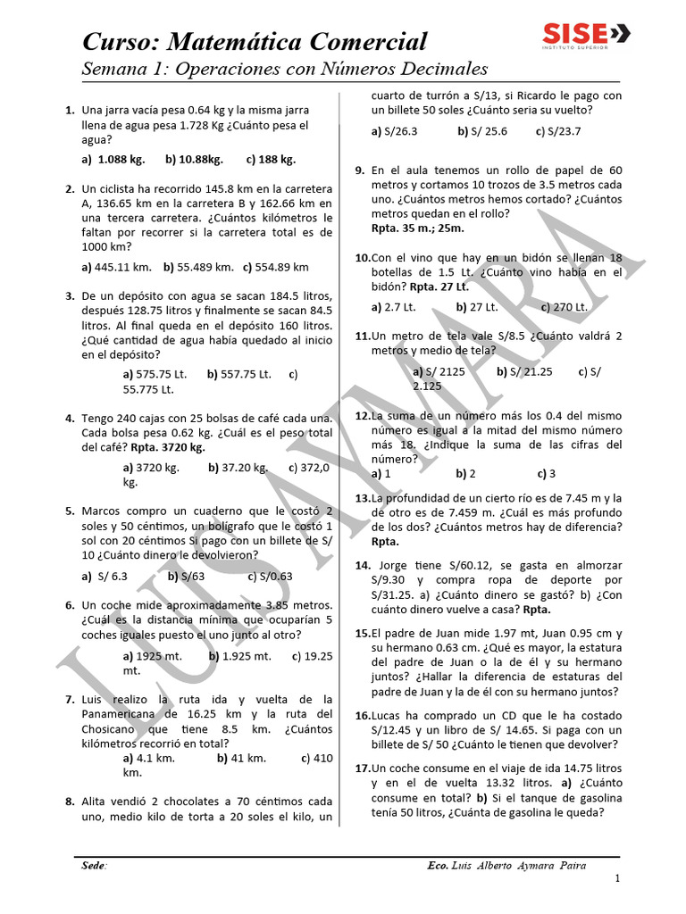Sem 1 Mate Comercial - 4 - Operaciones Basicas - Ejercicios | PDF | Sistema Internacional de ...