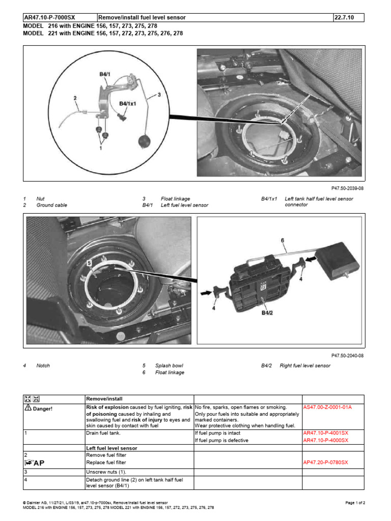 W221 Remove and replace fuel level sensor | PDF | Manufactured Goods