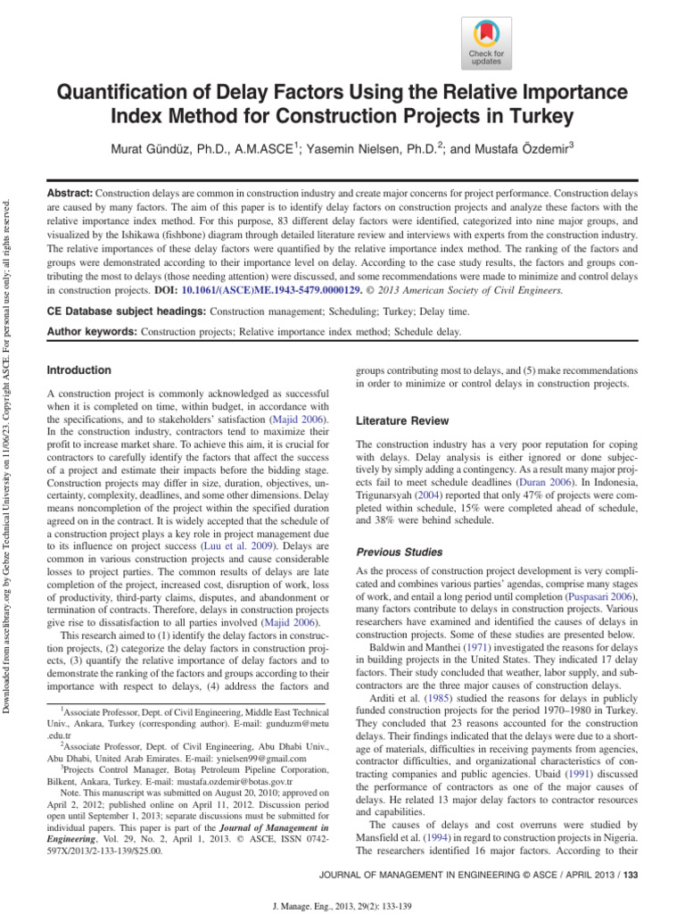 Özdemir Et Al 2012 Quantification of Delay Factors Using The Relative Importance Index Method ...