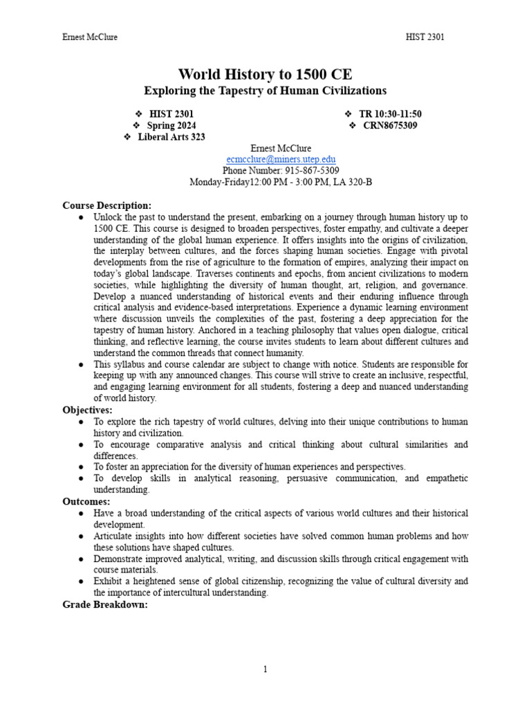 World History to 1500 CE Course Syllabus | PDF | Critical Thinking ...