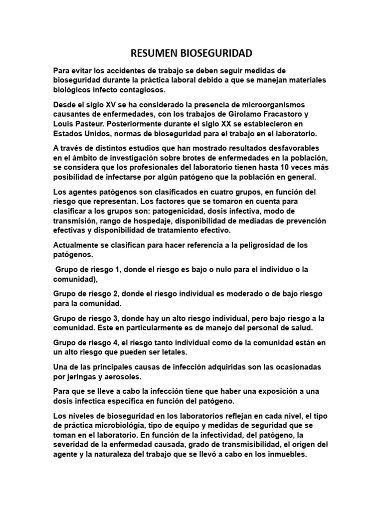 Resumen Bioseguridad | PDF | Laboratorios | Infección