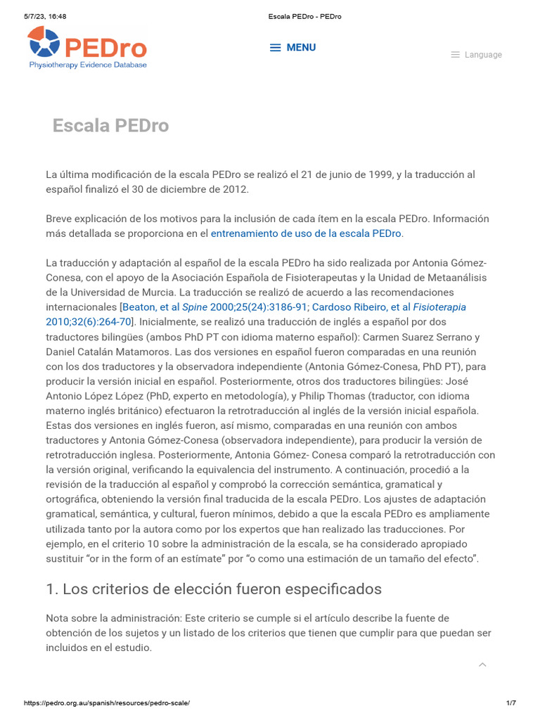 Escala PEDro - PEDro Pagina | PDF | Estadísticas | Traducciones