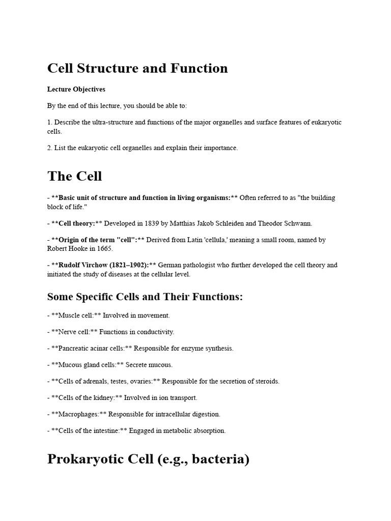 Cell Structure and Function Lecture Notes | PDF | Cell (Biology ...