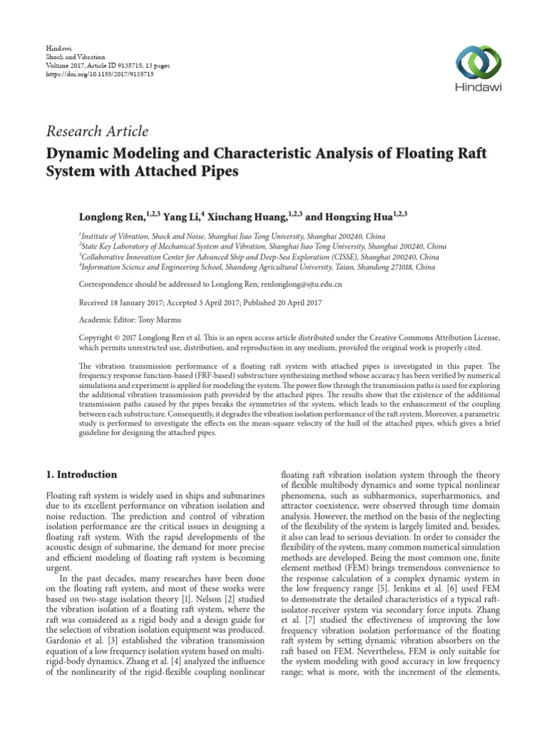 Research Article: Dynamic Modeling and Characteristic Analysis of Floating Raft System With ...