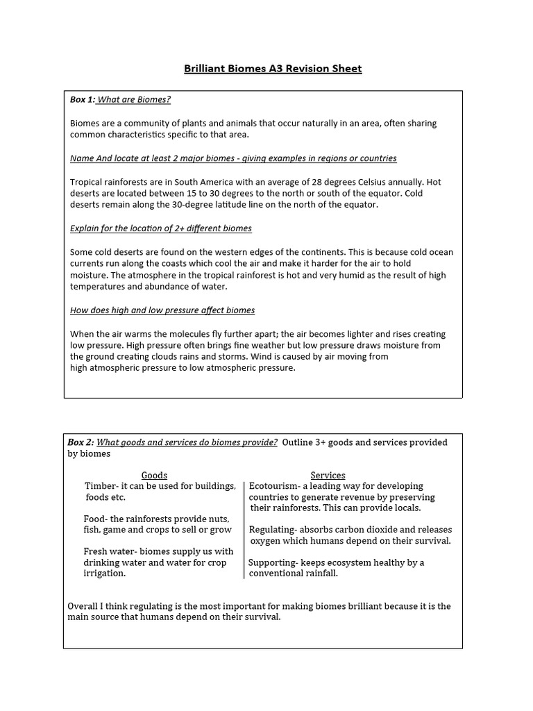 Brilliant Biomes A3 Revision Sheet | PDF